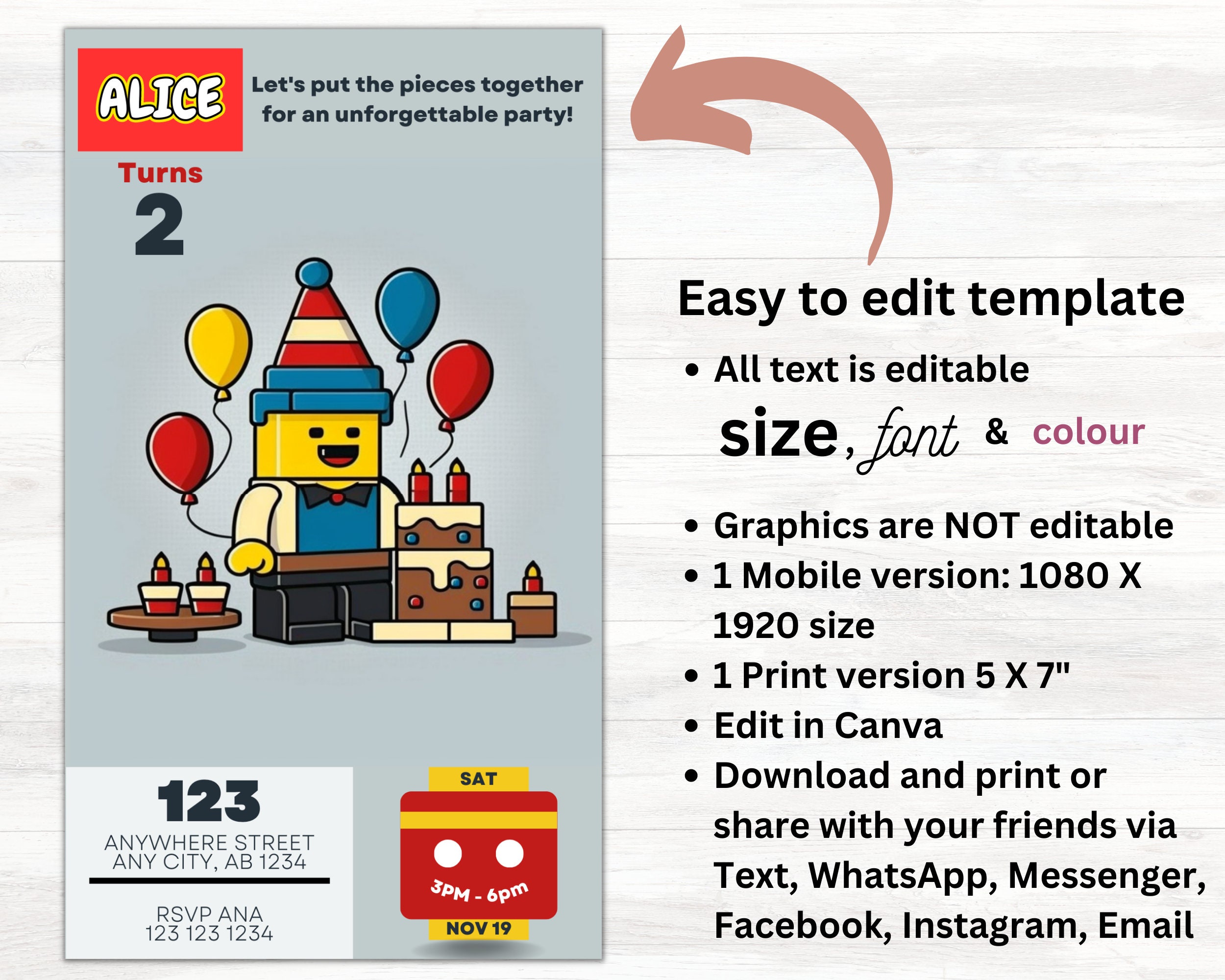 Building Blocks Birthday Invitation: Brick Theme, Editable Template ...