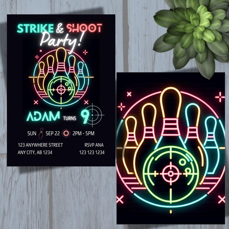Neon Laser Tag Bowling Birthday Invitation: Editable Template (digital ...