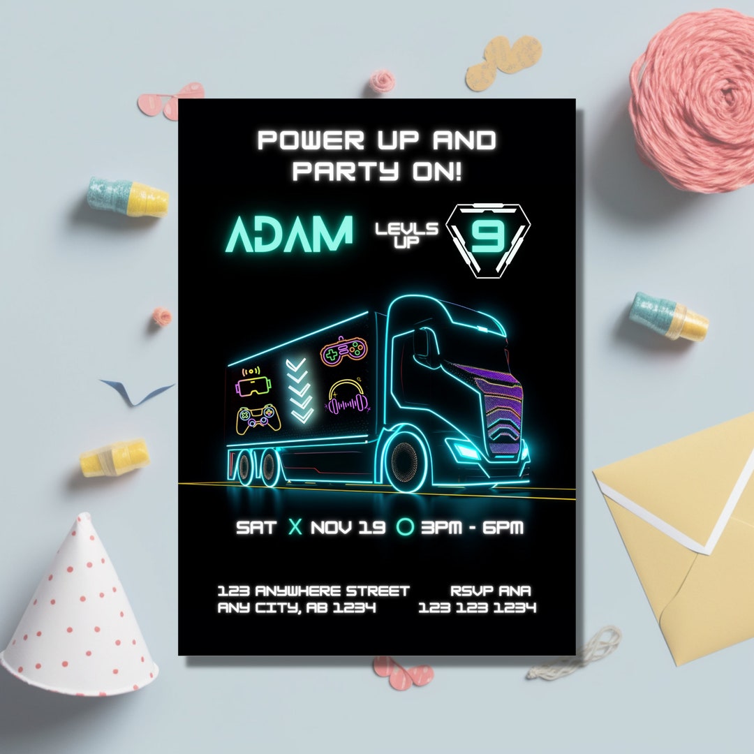 Video Game Truck Birthday Invitation: Neon Gamer Party (DIY Editable ...