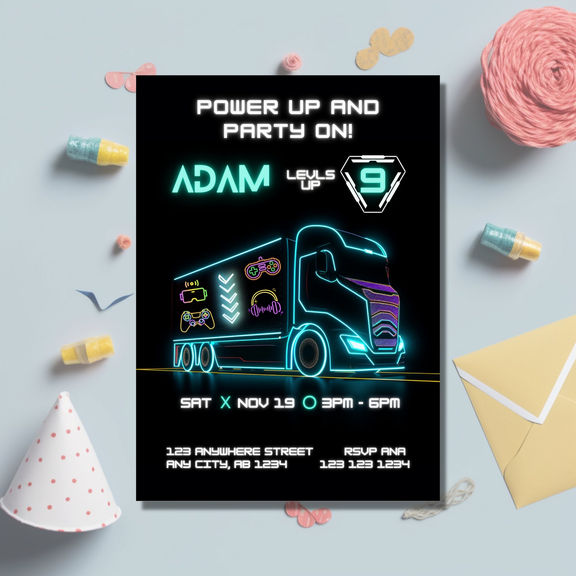 Video Game Truck Birthday Invitation: Neon Gamer Party (DIY Editable ...