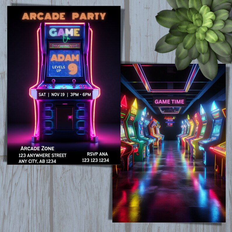 Arcade Birthday Party Invitation, Gaming Arcade Neon Glow Invite, Retro ...