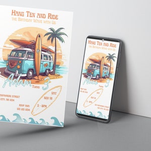 Surf Birthday Invitation: Van & Surfboard Party (digital Editable ...