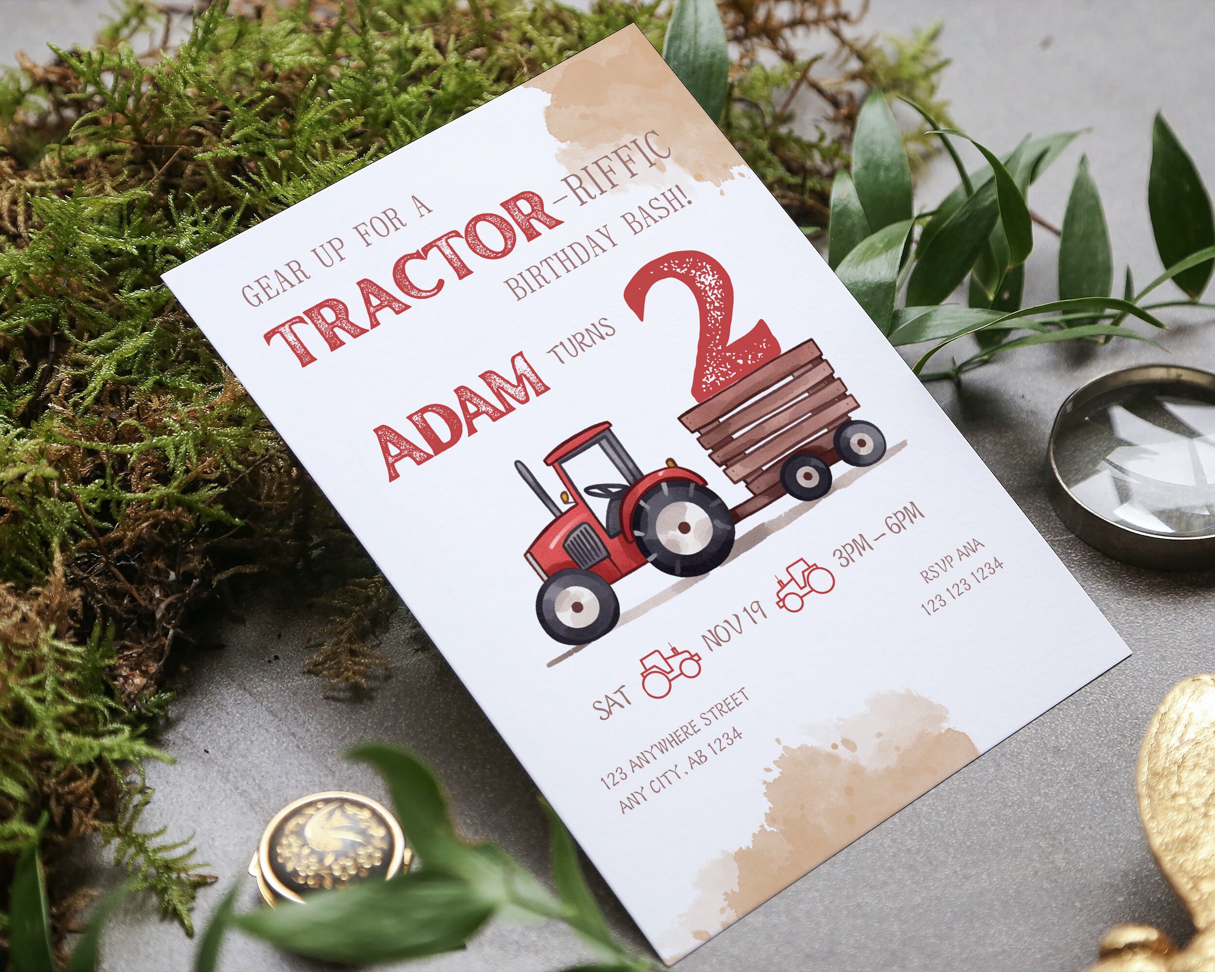 Editable Tractor Birthday Invitation, Minimalist Red Tractor Farm ...