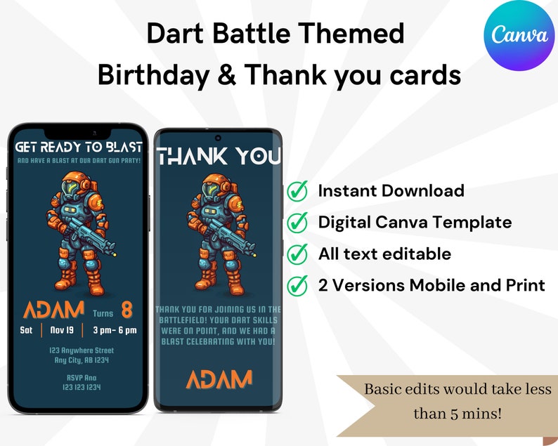 Editable Dart Gun Invitation, Dart War Party Invite, Shooting Birthday ...