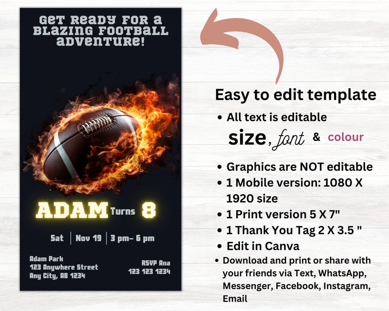 Fiery Football Birthday Invitation: Editable Template (digital Download ...