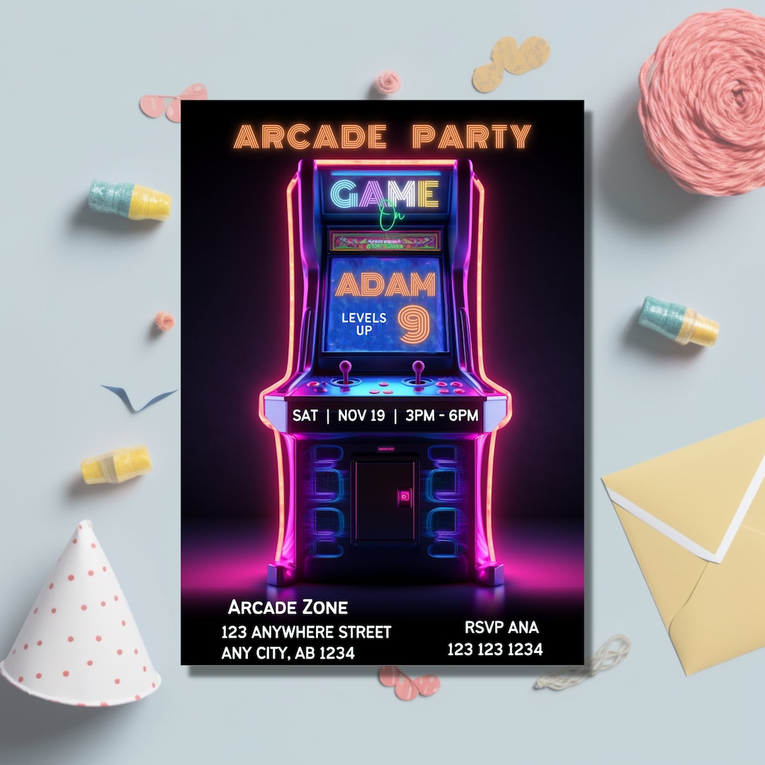 Arcade Birthday Party Invitation, Gaming Arcade Neon Glow Invite, Retro ...