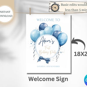 Welcome Sign for Blue Balloon Invitation, Balloons First Birthday ...
