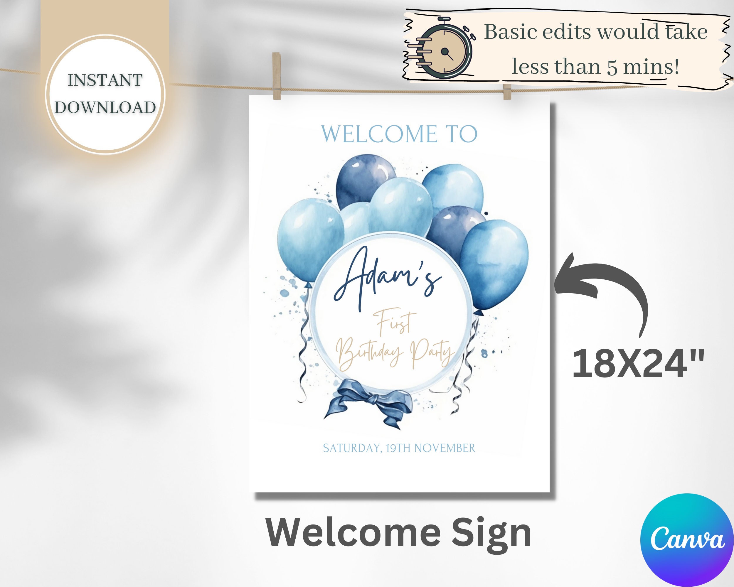 Welcome Sign for Blue Balloon Invitation, Balloons First Birthday ...