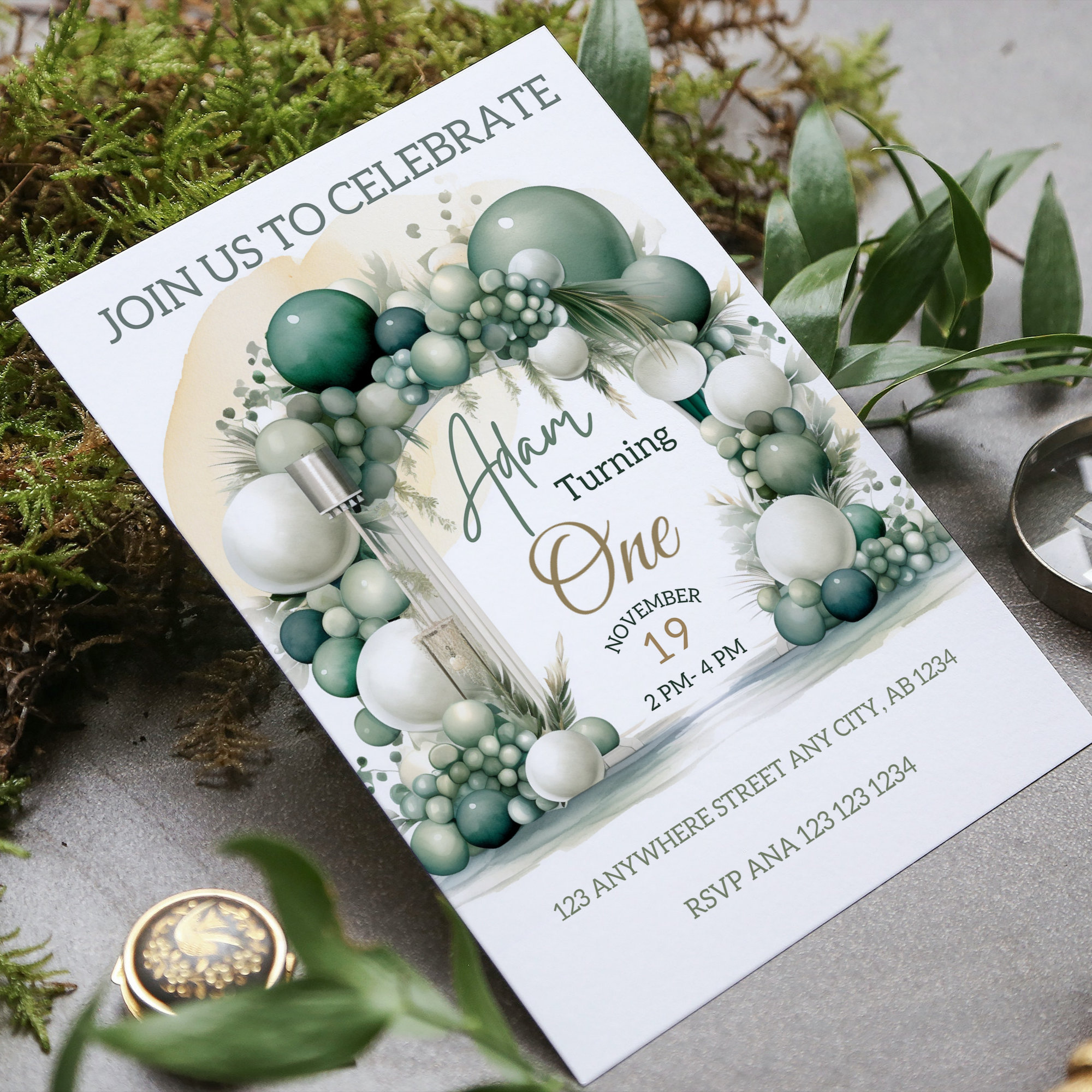 Sage Green Birthday Invitation, Sage Green Gold First Birthday Invite ...