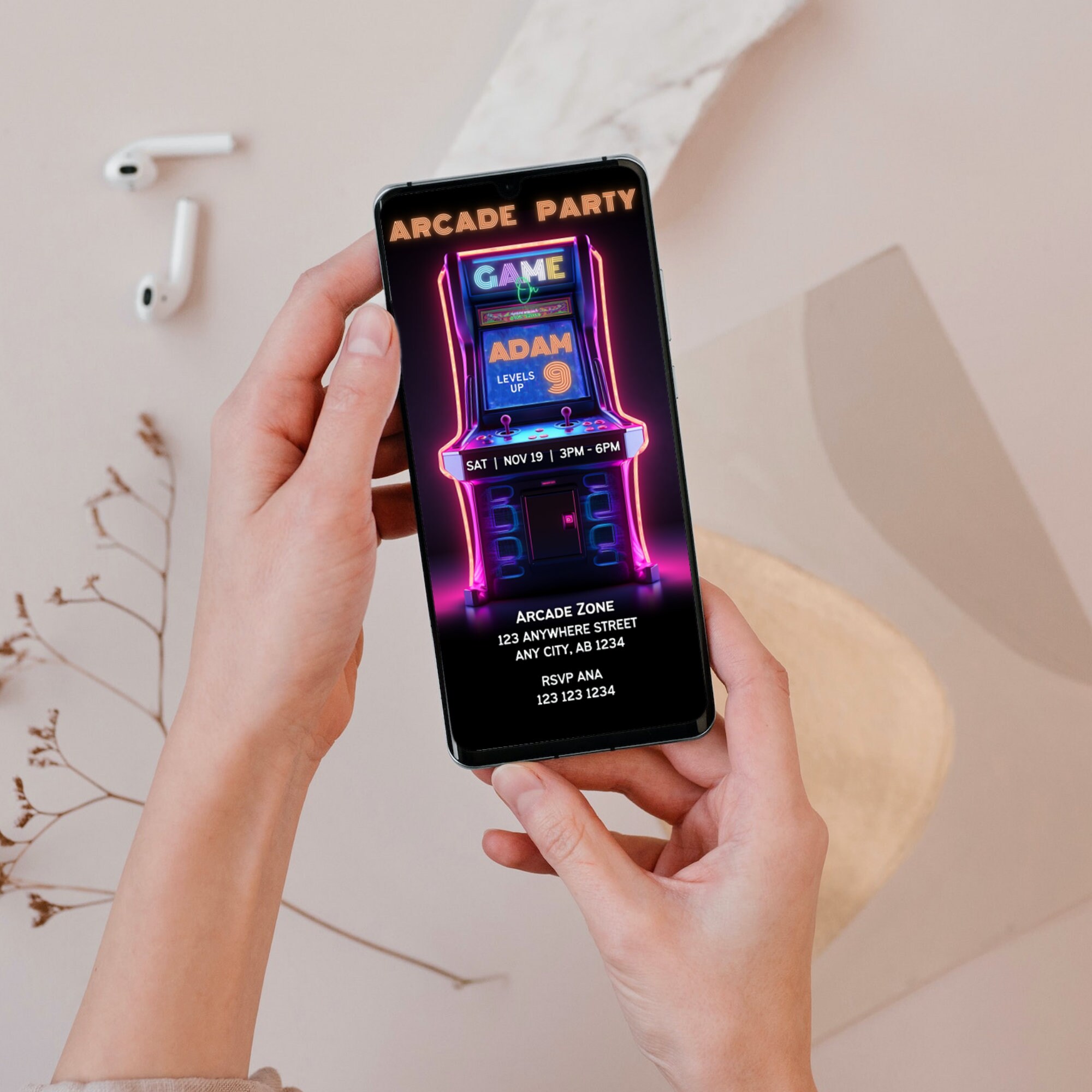 Mobile Arcade Birthday Party Invitation, Gaming Arcade Neon Glow Invite ...