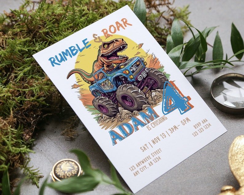 Editable T Rex Dinosaur Monster Truck, Invitación a fiesta de ...