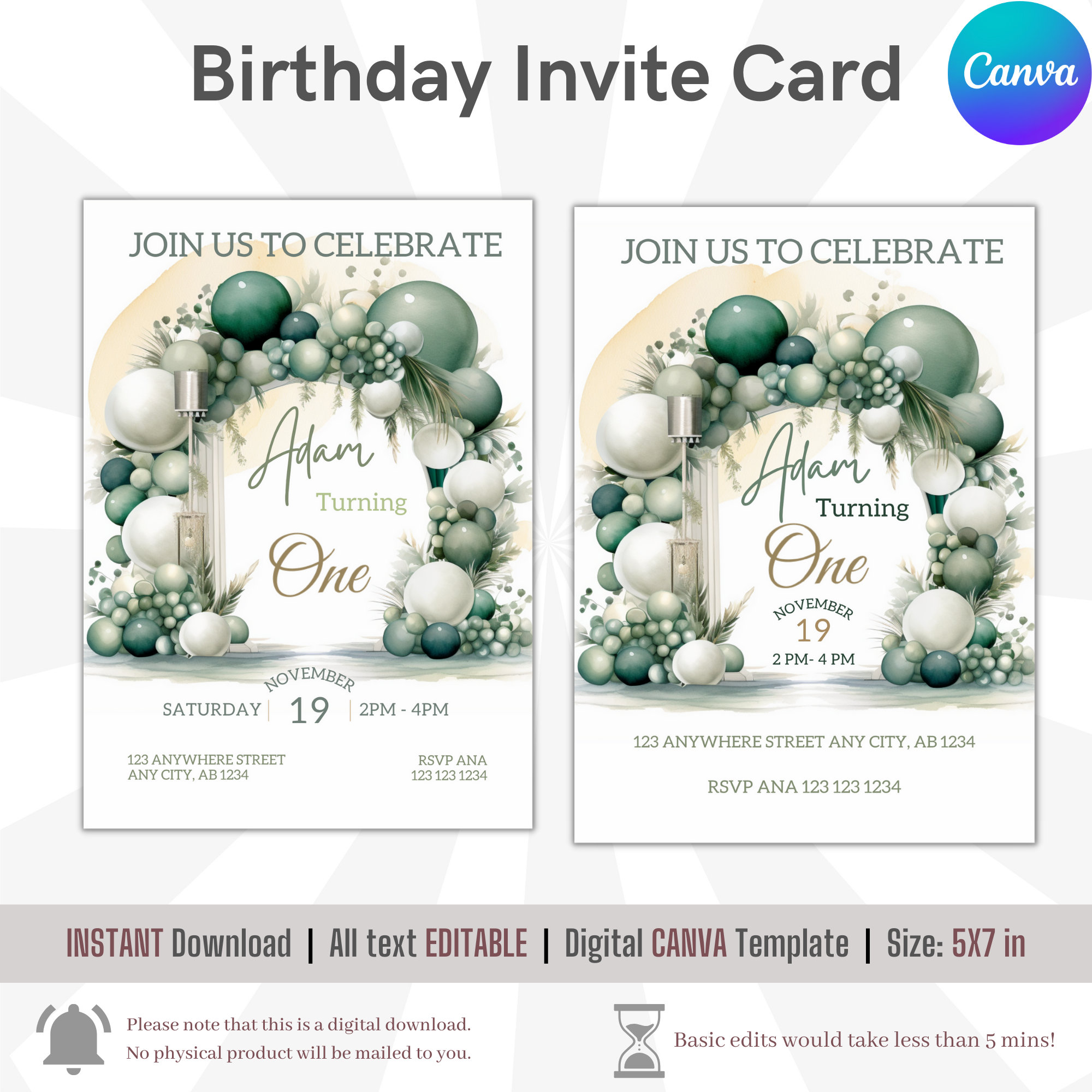 Sage Green Birthday Invitation, Sage Green Gold First Birthday Invite ...