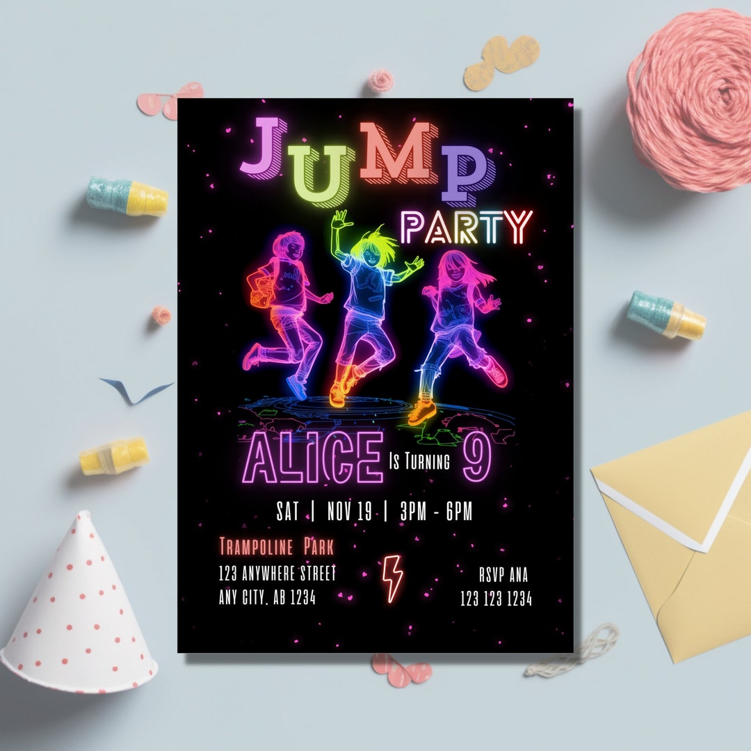 Jump Birthday Invitation, Trampoline Party Invite, Neon Glow Jump, Let ...
