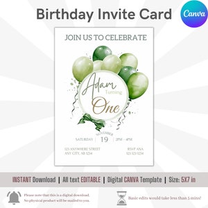 Green Birthday Invitation, Green Gold First Birthday Invite, Instant ...