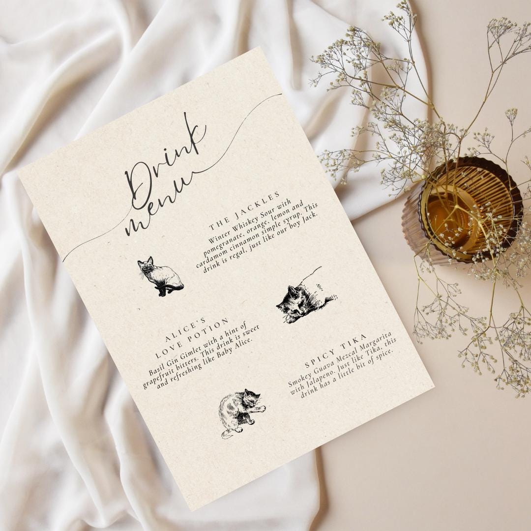 Vintage Cat Wedding Cocktail Menu Template (digital Download) - Etsy