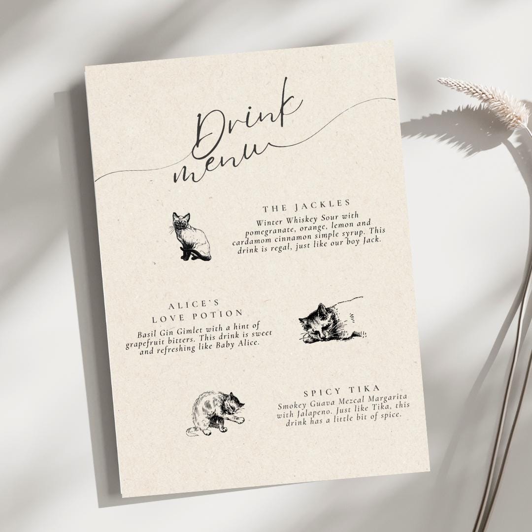 Vintage Cat Wedding Cocktail Menu Template (digital Download) - Etsy