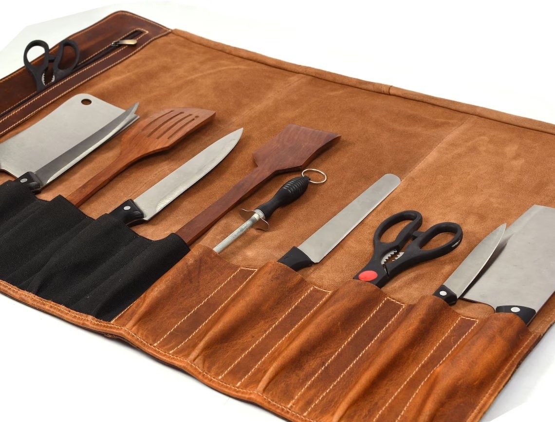 Custom Leather Knife Roll for Chef Stress Brown, 10 Slot Personalised ...