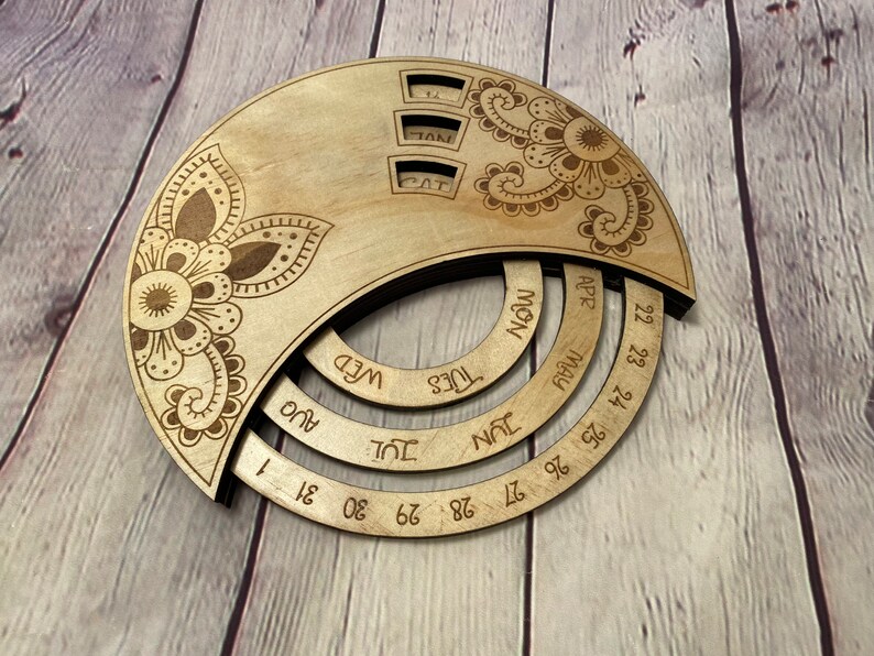 Perpetual Calendar Wooden Desk Top Laser Carved Laser Etched Decorated ...
