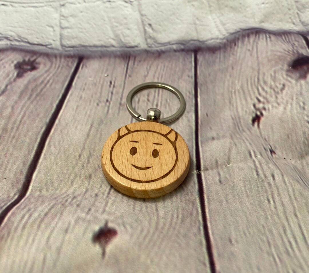 Keychain Smiling Horned Devil Emoji Wooden Keychain Laser Engraved ...