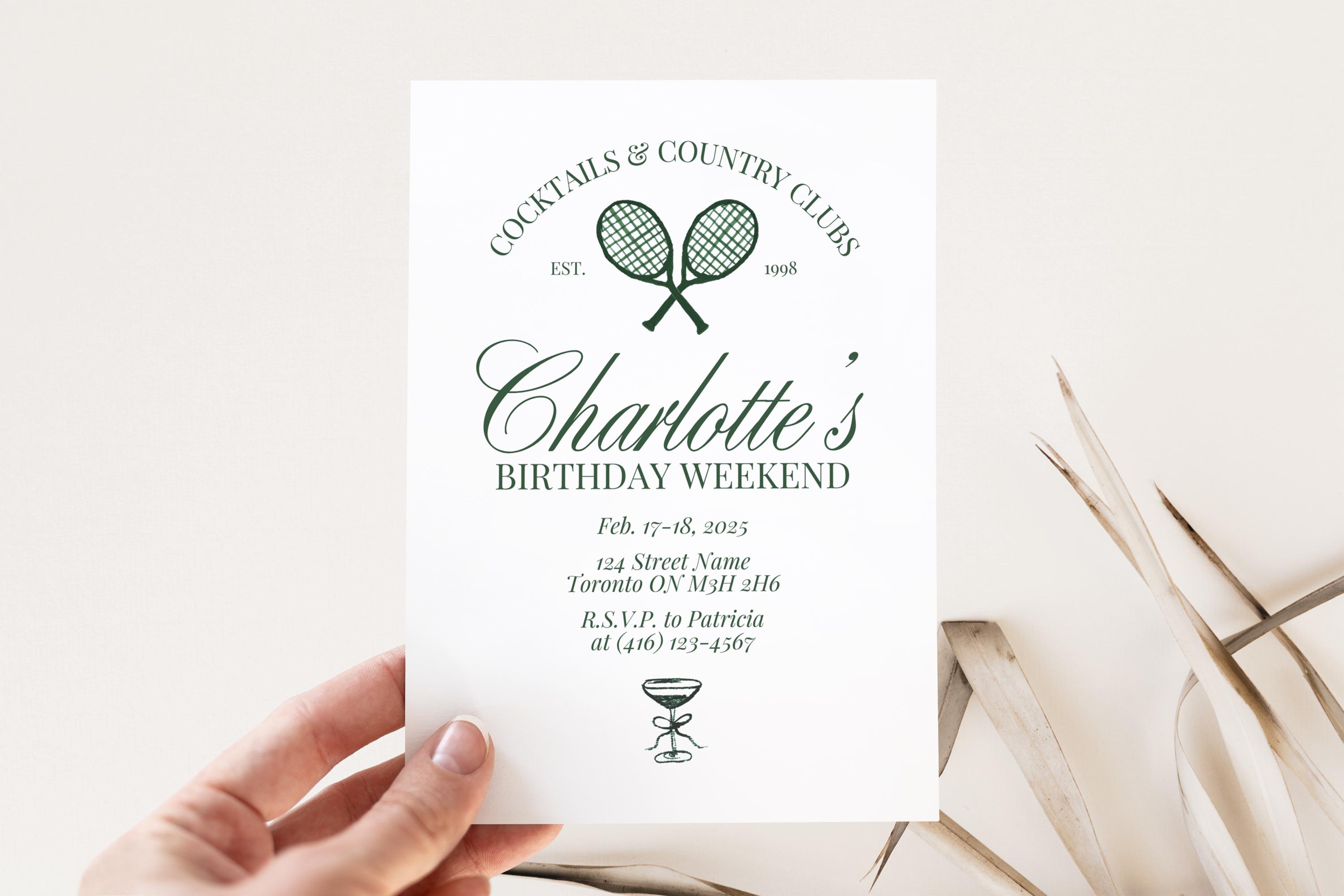 Tennis Birthday Invitation Template, Cocktails & Country Clubs, Canva ...
