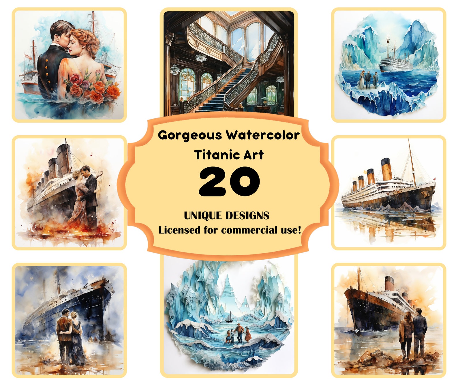Titanic Watercolor PNG Bundle, Ship Artwork, Underwater Artwork, Ocean ...