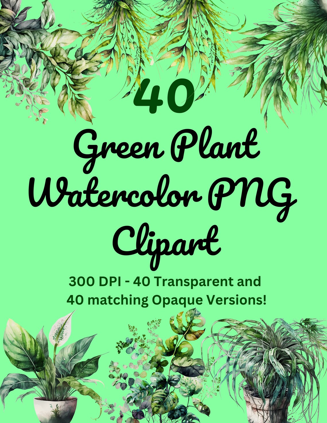 40 Green Plant PNG Watercolor Clipart Bundle, Botanical Clipart, Garden ...