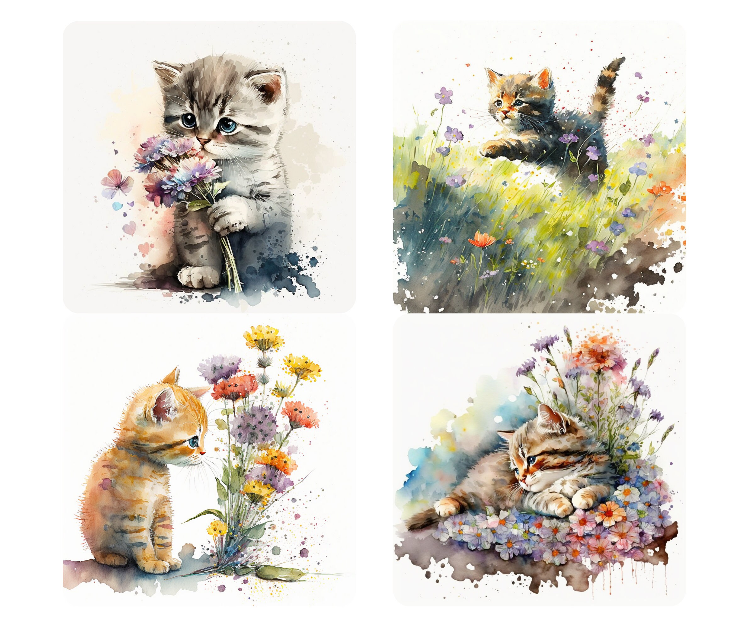 20 Watercolor Floral Cats Art PNG Bundle, Cat Watercolor, Fairytale Cat ...