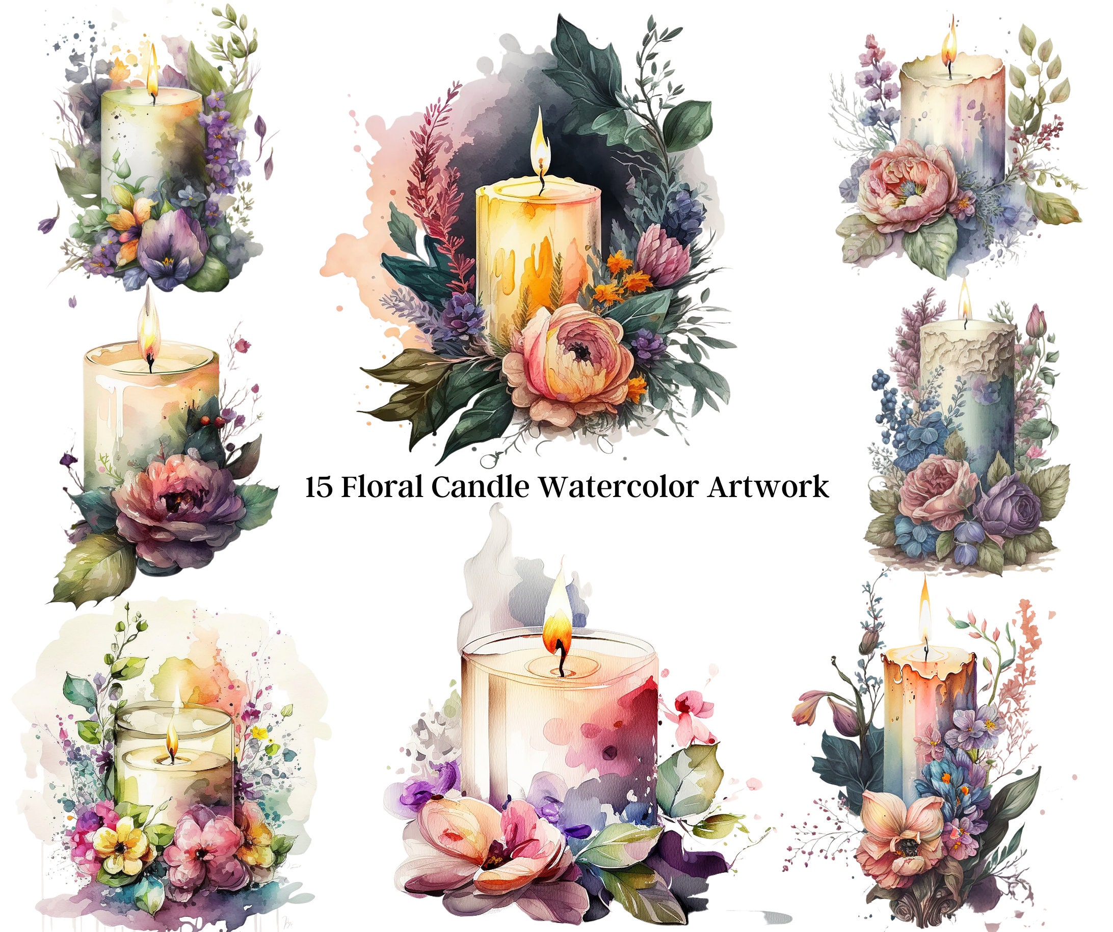 15 Watercolor Candles Clipart Pngs, Floral Candle Artwork, Candle ...