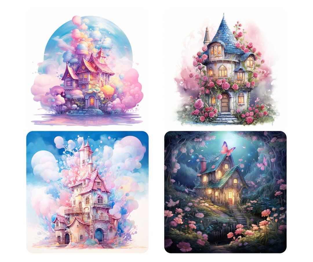 20 Cute Pastel Fairy House Watercolor Clipart PNG Bundle, Kids Art ...