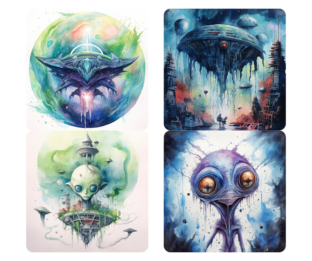 Trippy Alien Watercolor 20 PNG Bundle, Alien Face, Kawaii Alien Clipart ...
