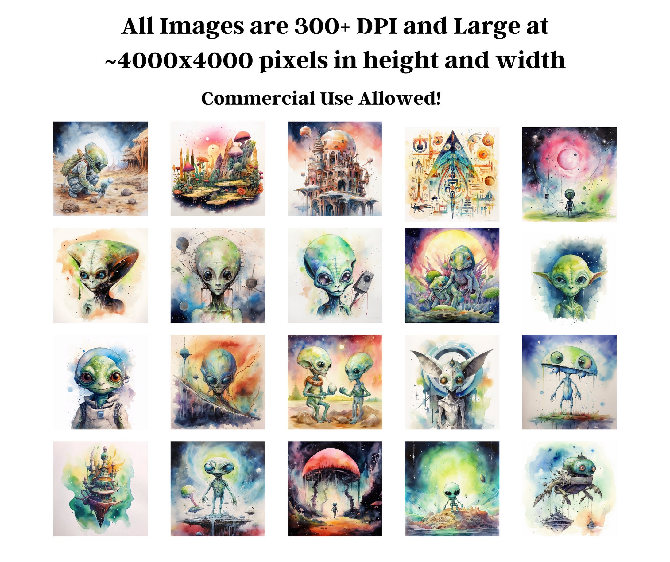 Trippy Alien Watercolor 20 PNG Bundle, Alien Face, Kawaii Alien Clipart ...