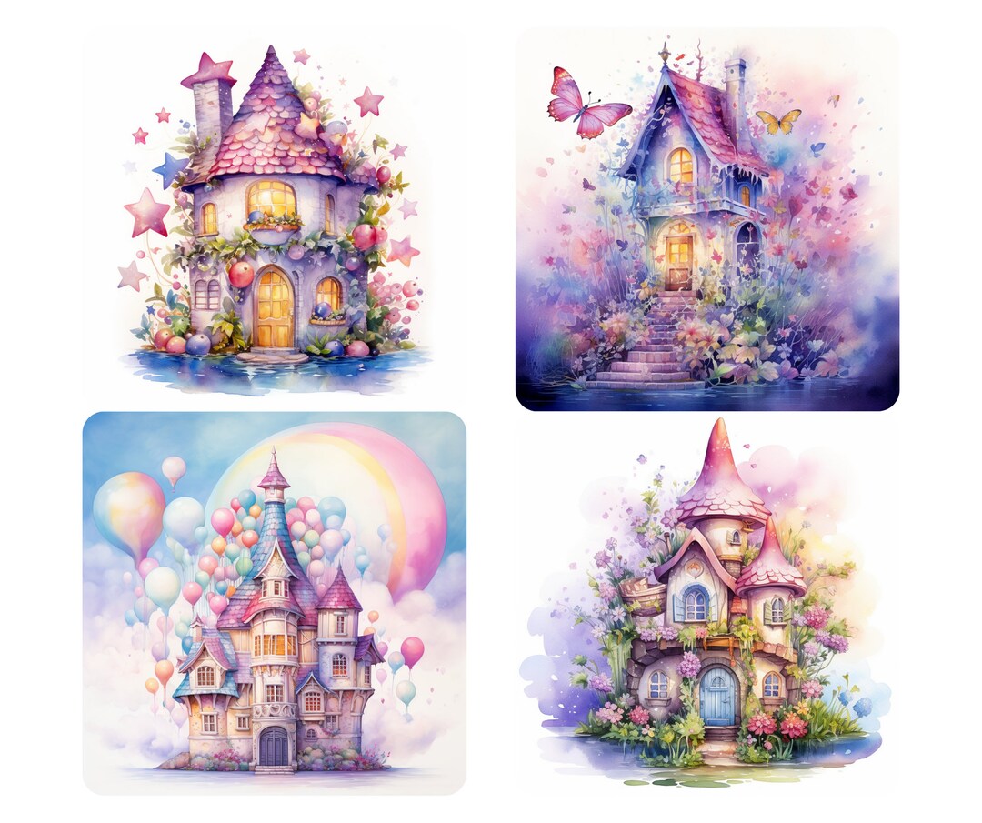 20 Cute Pastel Fairy House Watercolor Clipart PNG Bundle, Kids Art ...