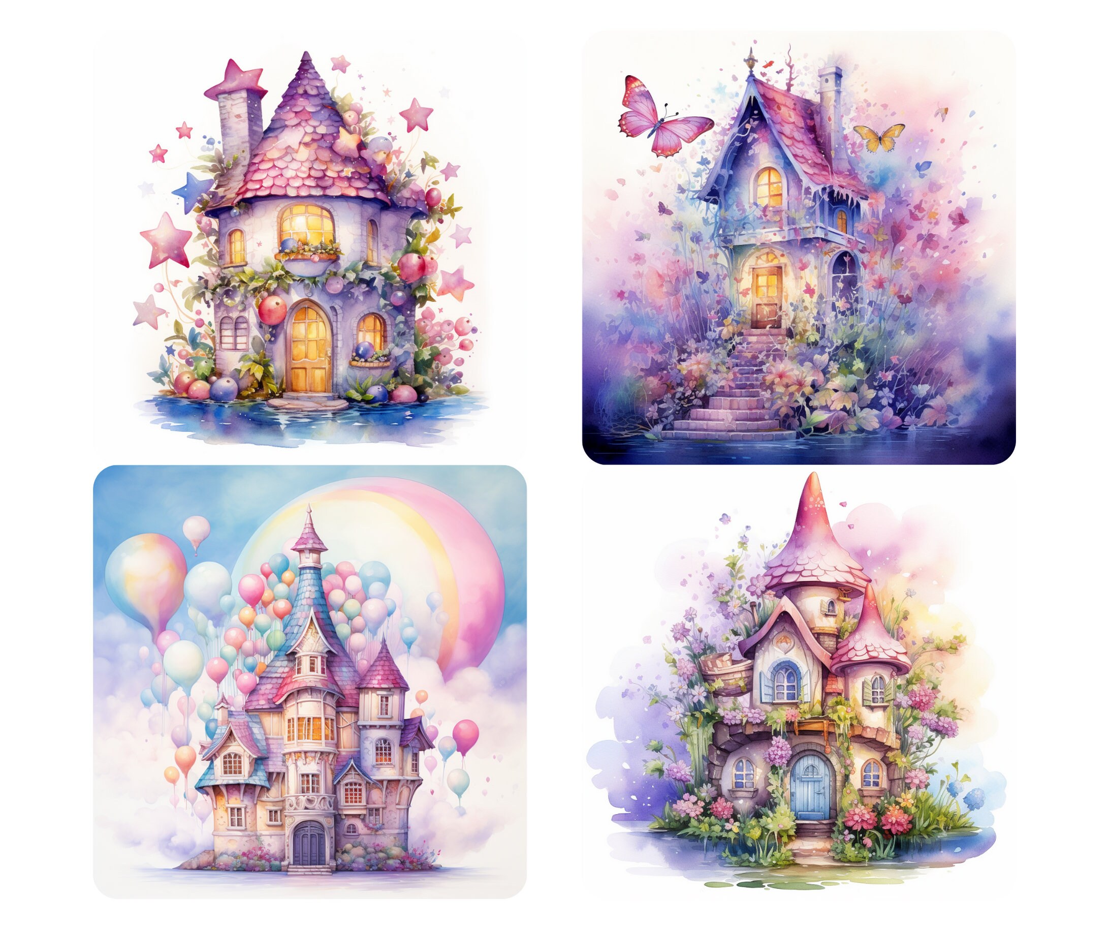 20 Cute Pastel Fairy House Watercolor Clipart PNG Bundle, Kids Art ...