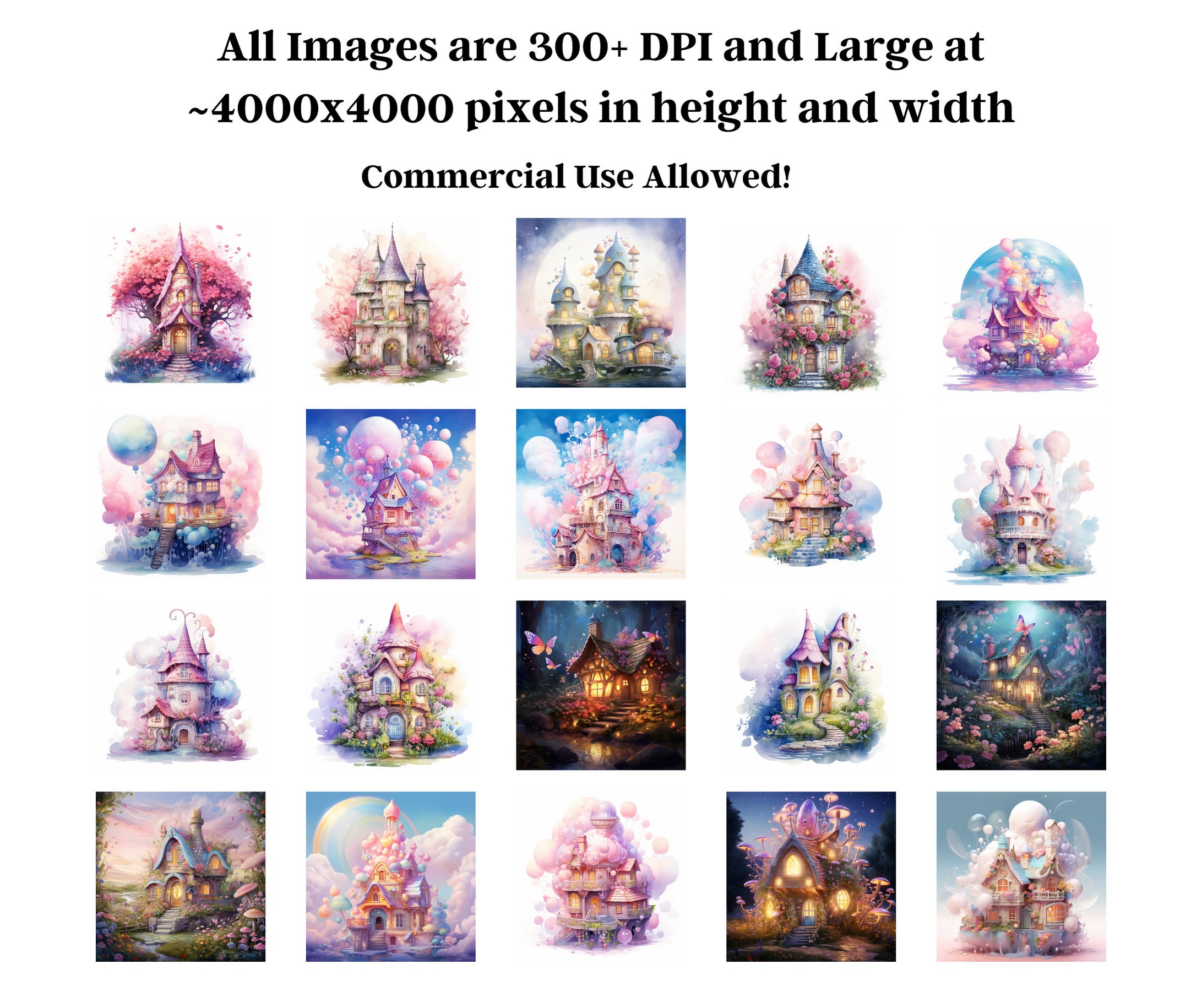 20 Cute Pastel Fairy House Watercolor Clipart PNG Bundle, Kids Art ...