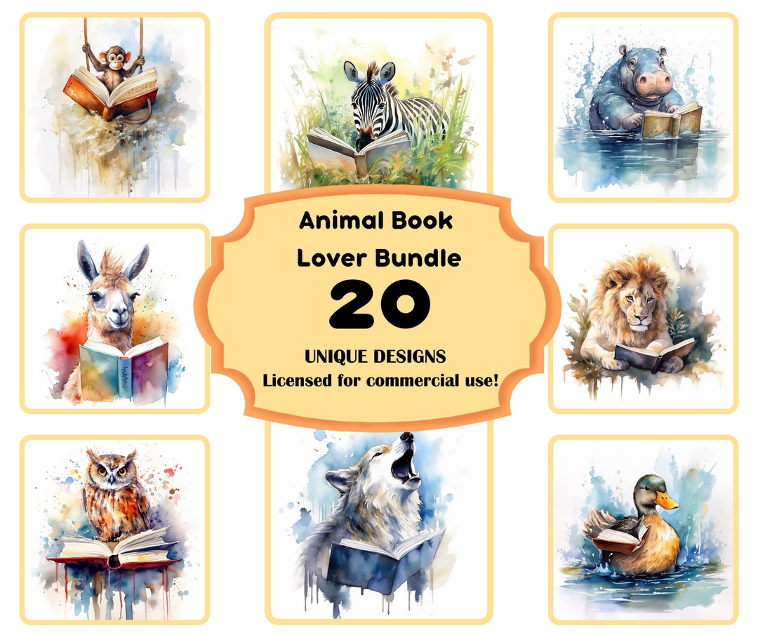 Animal Book Lovers 20 PNG Watercolor Bundle, Reading Animals Clip Art ...