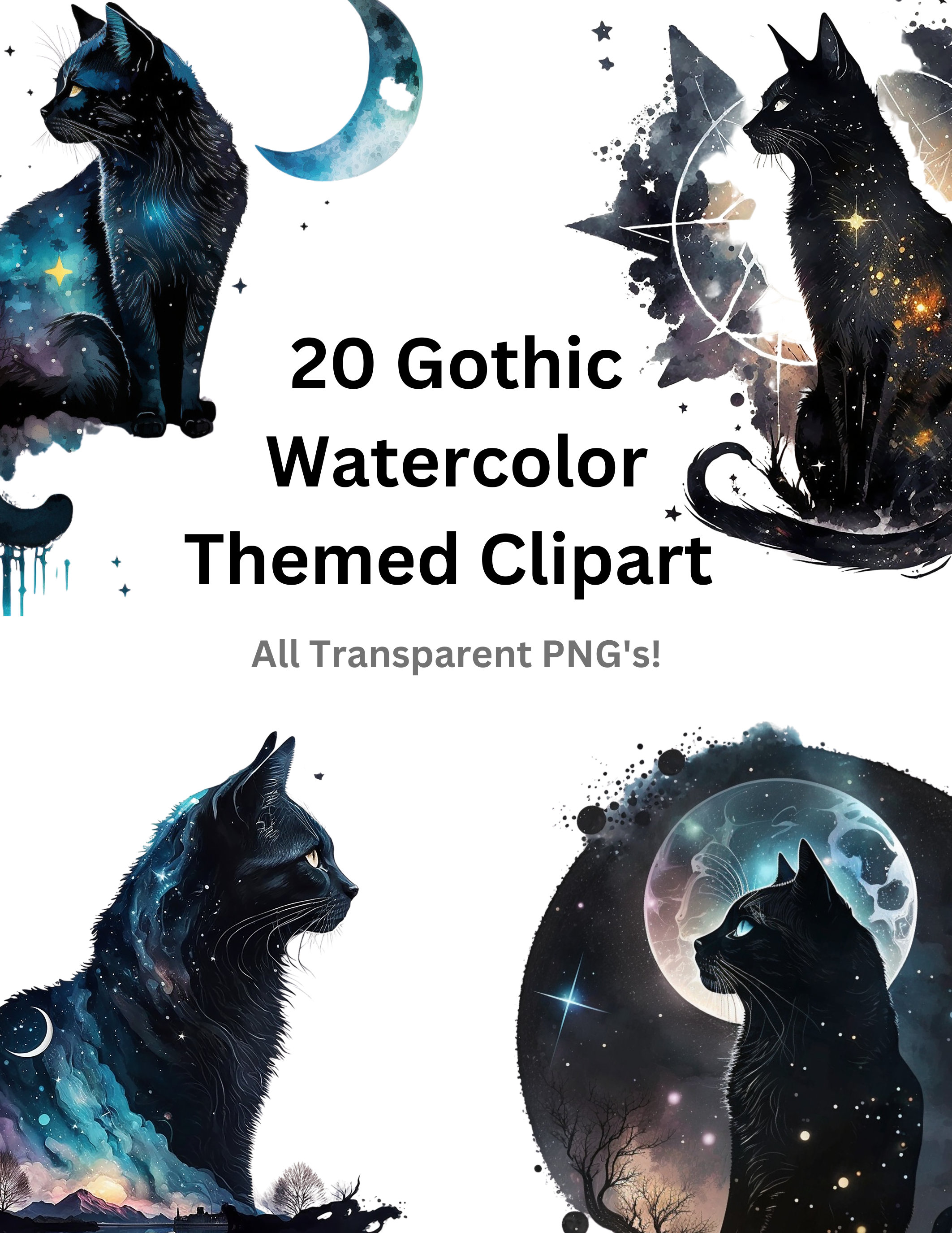 20 Gothic Cat PNG Watercolor Transparent Photos Digital - Etsy
