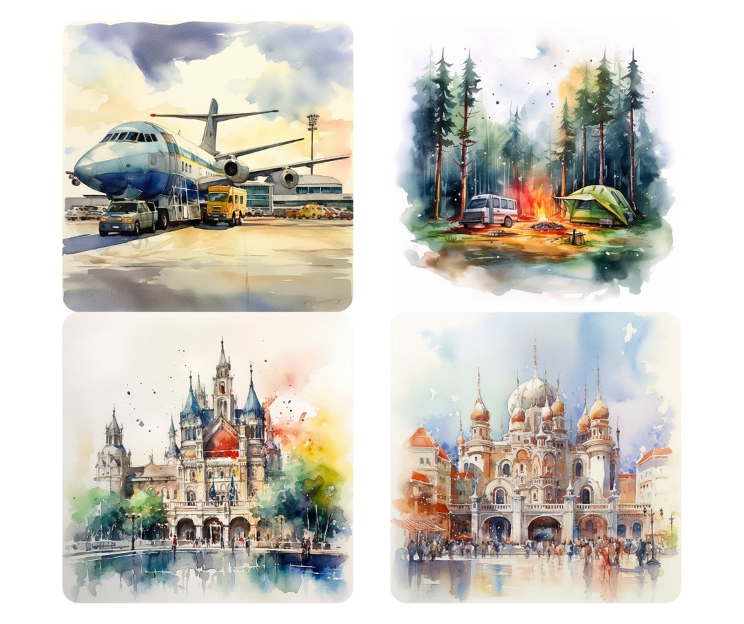 Travel Art Watercolor Png Bundle, Plane, Boat, New Places, Discovering ...