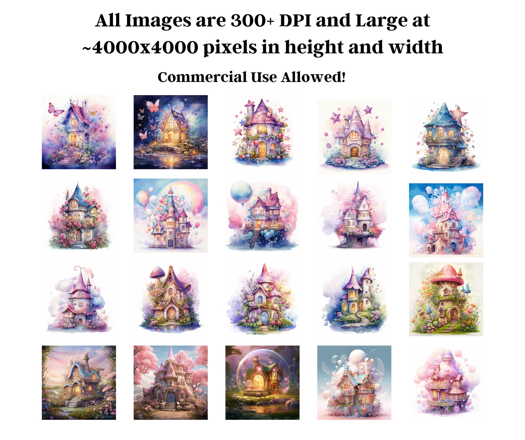 20 Cute Pastel Fairy House Watercolor Clipart PNG Bundle, Kids Art ...