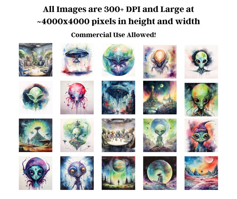 Trippy Alien Watercolor 20 PNG Bundle, Alien Face, Kawaii Alien Clipart ...