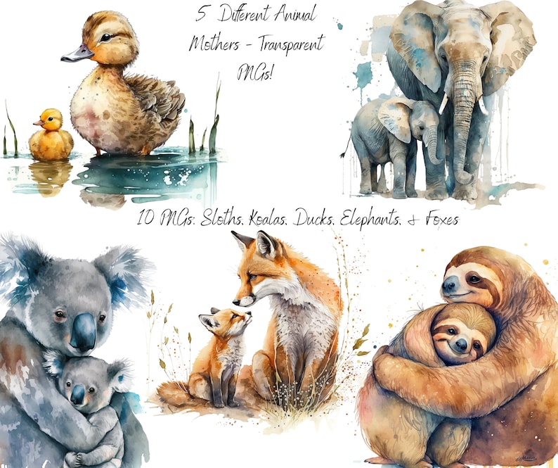 10 Unique Animal Mom and Baby PNG Clipart - 300+ DPI and Transparent ...