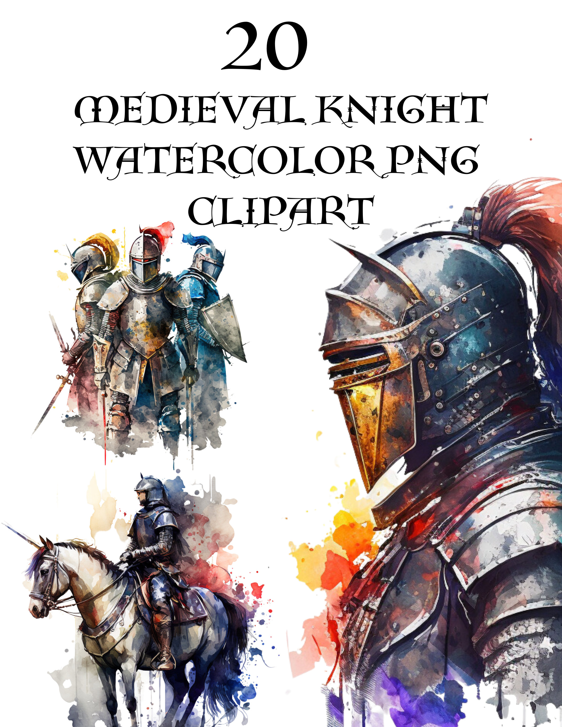 20 Medieval Watercolor Art, Knight Art, 300 DPI PNG Photos, High ...