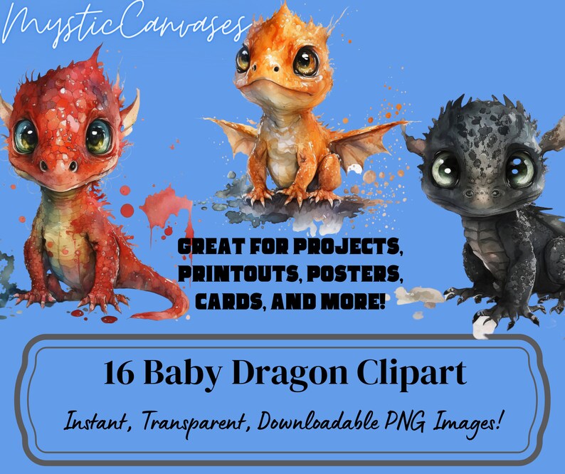 16 Fantasy Baby Dragon Clipart Watercolor Rainbow PNG Digital Images ...