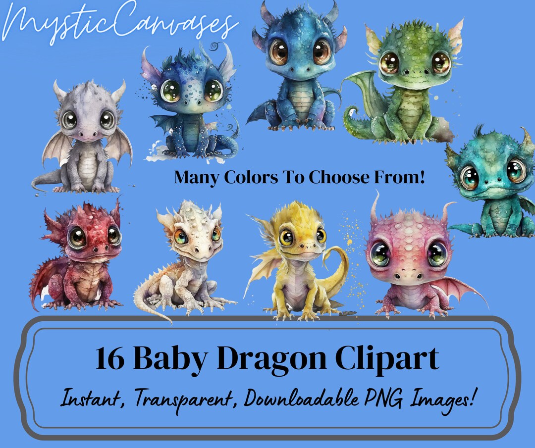 16 Fantasy Baby Dragon Clipart - Watercolor Rainbow PNG Digital Images ...