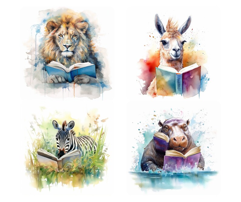 Animal Book Lovers 20 PNG Watercolor Bundle Reading Animals - Etsy