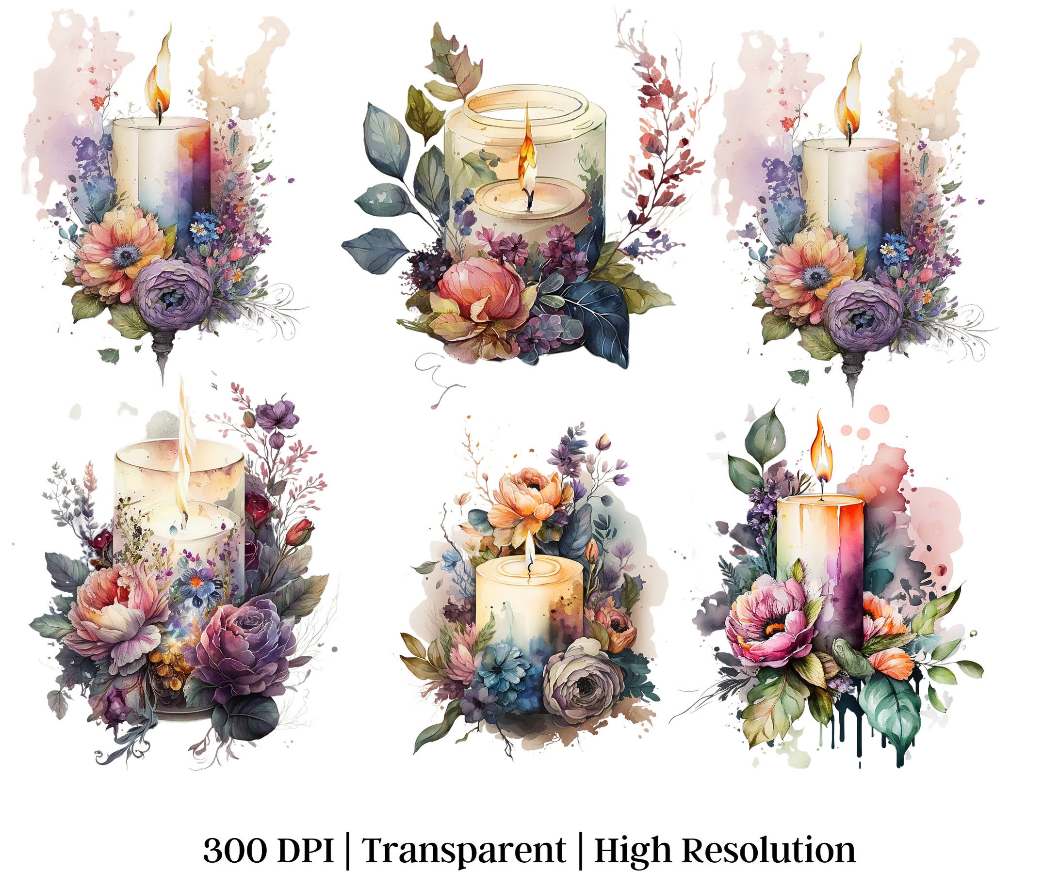 15 Watercolor Candles Clipart Pngs, Floral Candle Artwork, Candle ...