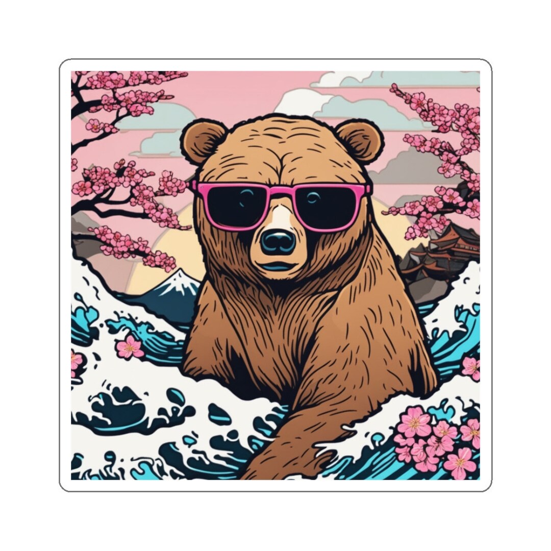 Chill Bear Sticker Bear in Sunglasses Sticker Cherry Blossoms and Waves ...