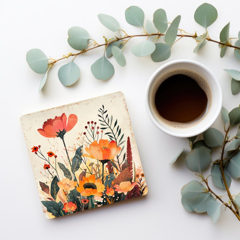 Wild Flowers Mug Coaster Cork-back Coaster Gift for Her Kitchen Decor ...