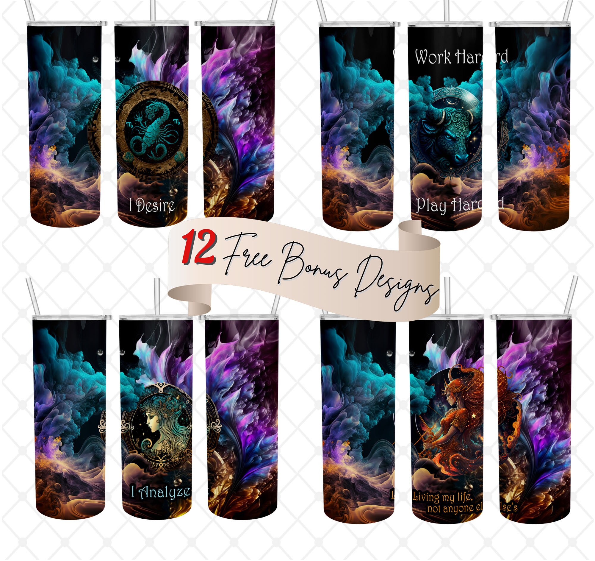 Zodiac Signs With Mottos 20oz & 30oz Skinny Tumbler Wraps PNG ...