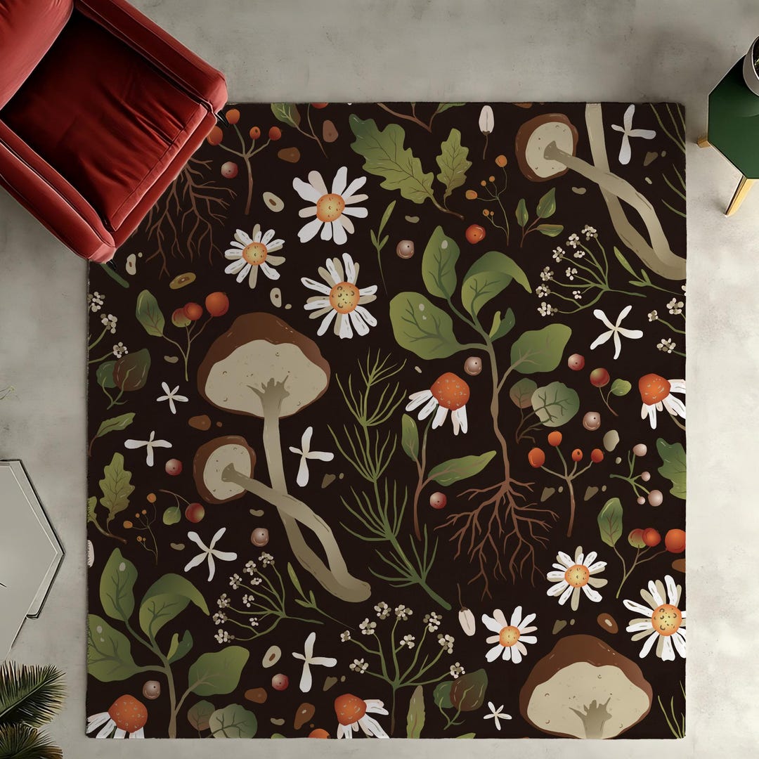 Dark Cottagecore Wildflower Botanical Rug Spring Bohemian Mushroom Mat ...
