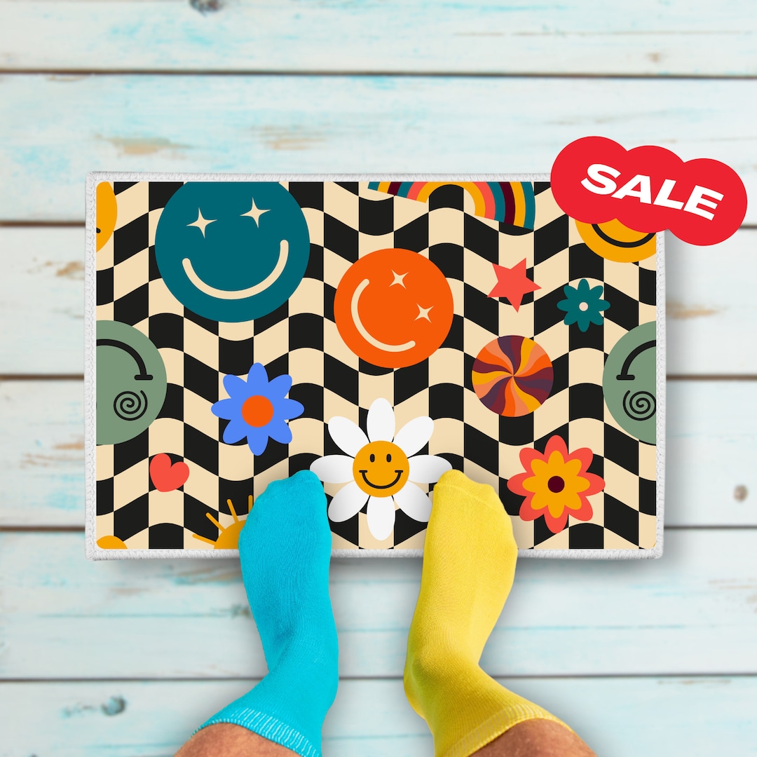 Wavy Smiley Face Layering Rug 70s Hippie Doormat Retro Trippy Art Door ...